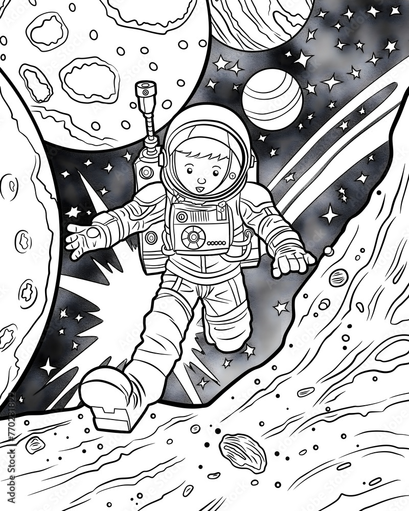 Coloring page, black and white, Space Adventure, astronaut in space ...