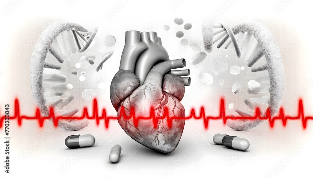 human heart at the center with a vivid red ECG line running across ...