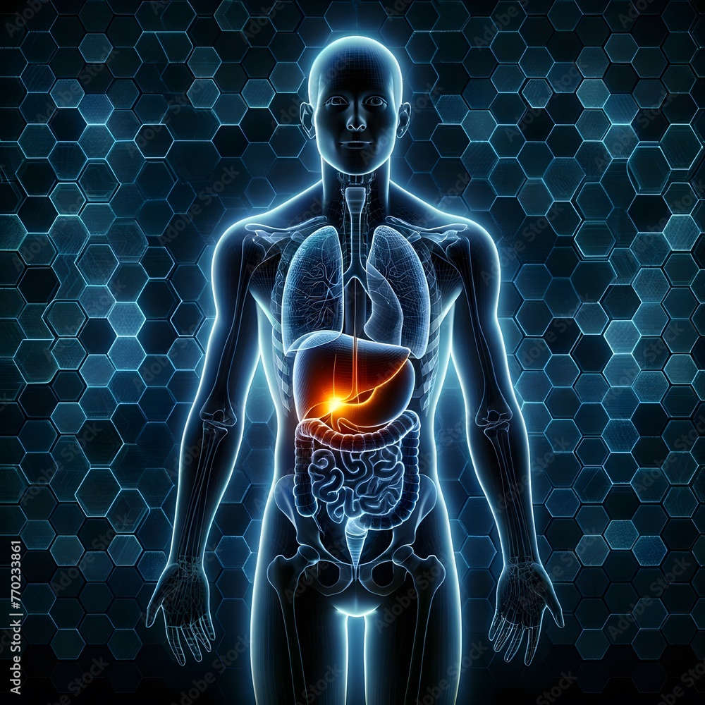 human figure with an x-ray effect, highlighting the liver in an orange ...