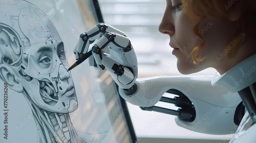 A robotic arm precisely sketches a detailed diagram of a humanoid face ...