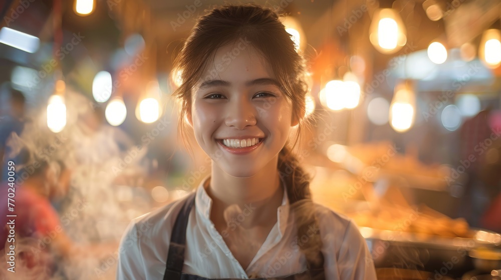 Happy Asian street foods vendor selling freshly made snacks at the ...