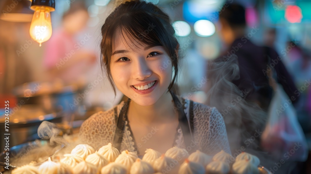 Happy Asian street foods vendor selling freshly made snacks at the ...