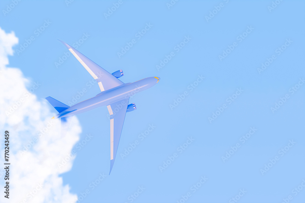 Pastel purple plane flying in the sky with clouds. Plane take off and ...