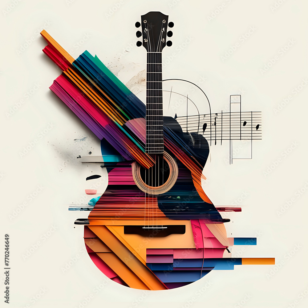 striking abstract collage using vibrant cutout images of musical ...