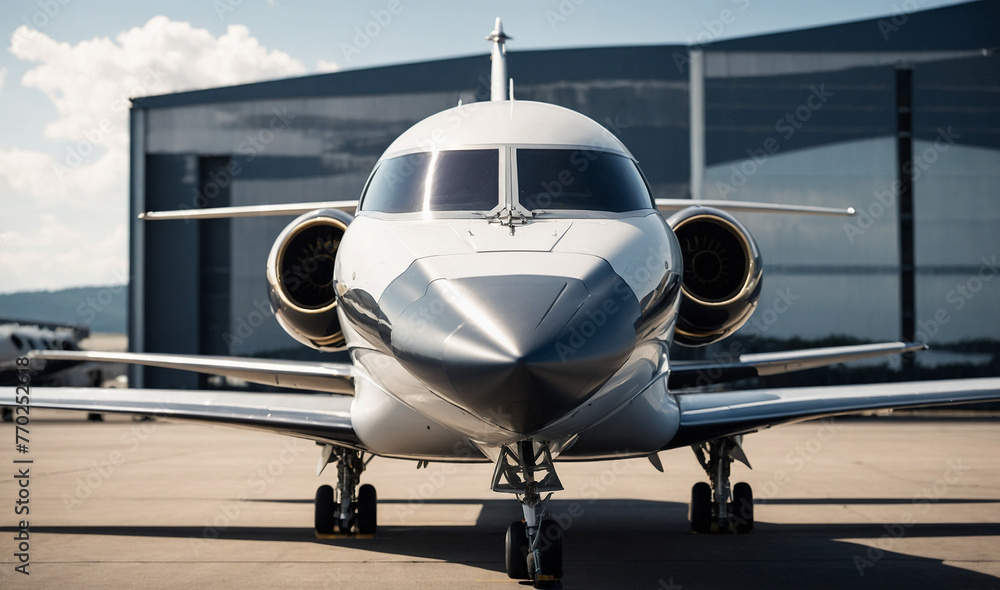 Front view of private jet airplane parked on the runway at a busy ...