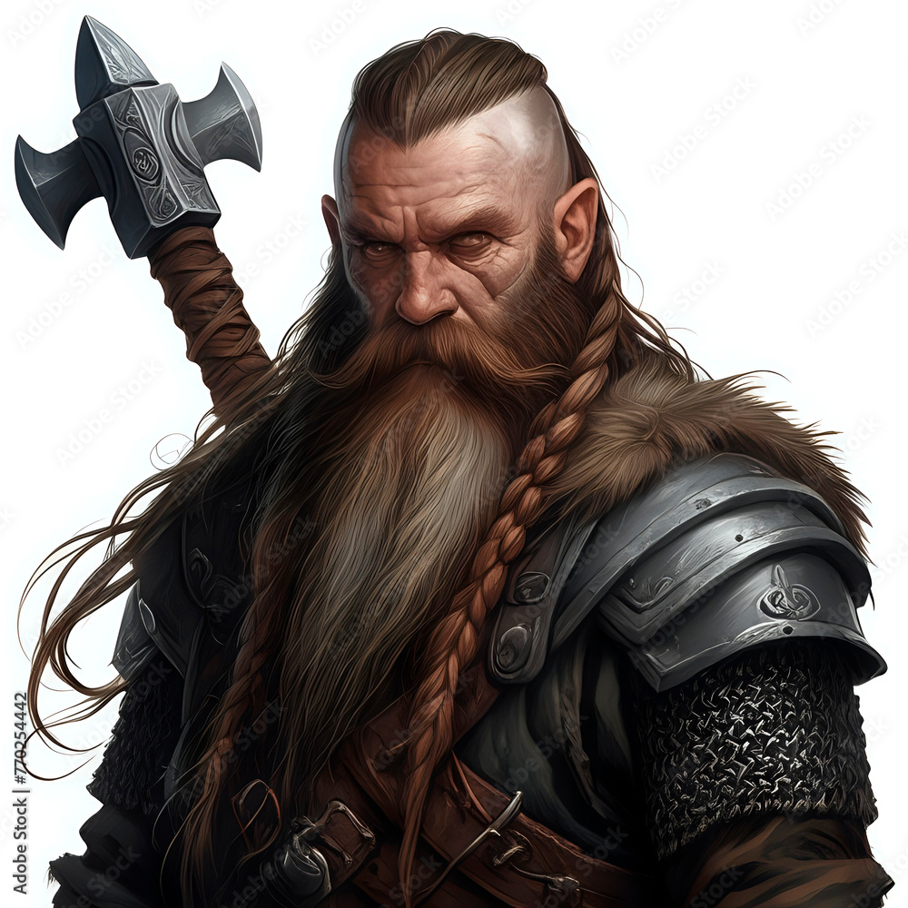 grim dwarf warrior with a long-braided beard, iron armor, and a mighty ...