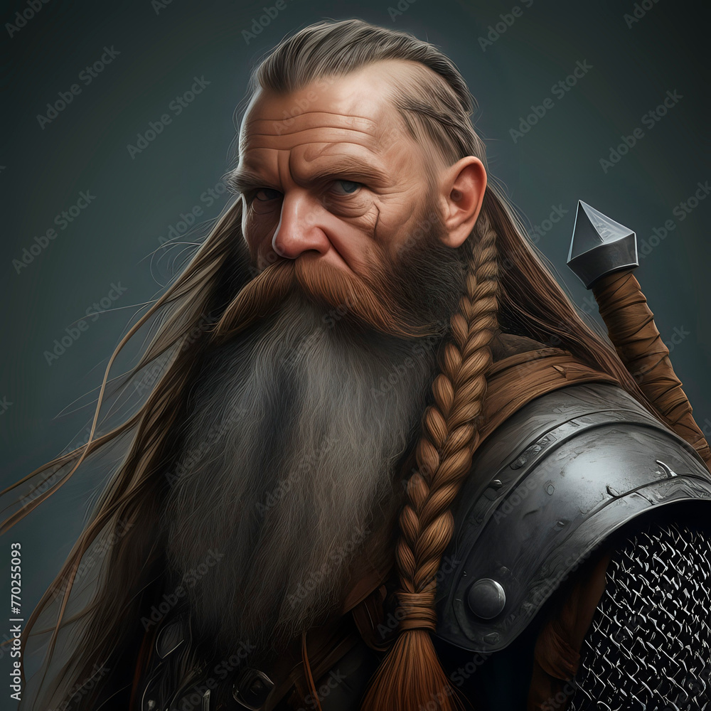 grim dwarf warrior with a long-braided beard, iron armor, and a mighty ...