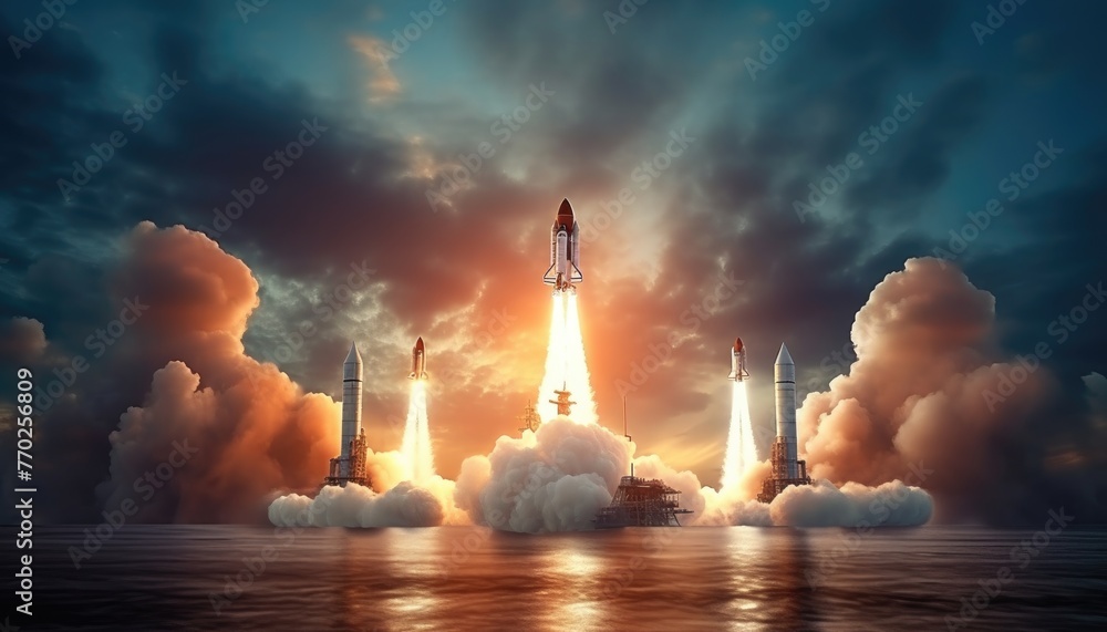 New space rocket lift off. Space shuttle with smoke and blast takes off ...