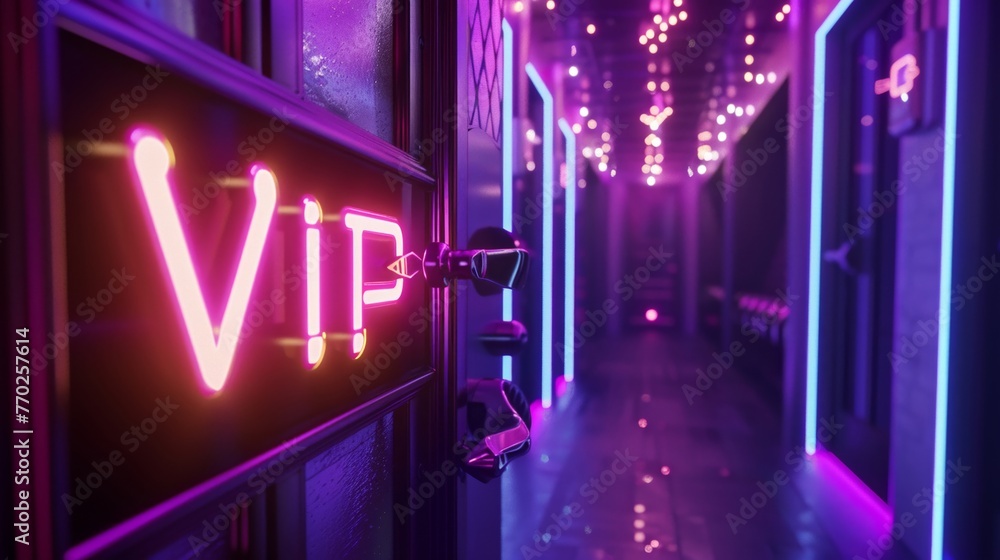 VIP club member with a glowing, exclusive pass, opening doors to realms ...