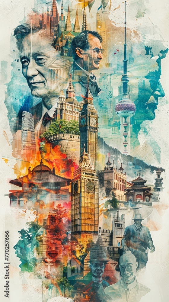 Visualize a dynamic collage of iconic landmarks from different eras ...