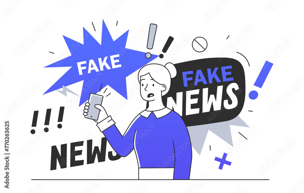 Fake news woman simple. Young girl with loudspeaker near propagand and ...