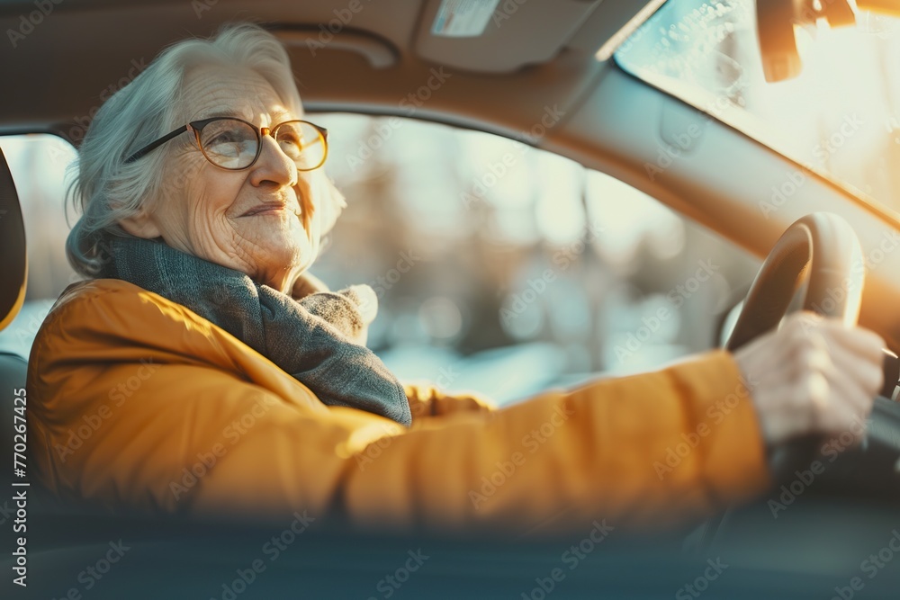 Happy senior woman driving car alone, enjoying car ride. Safe driving ...