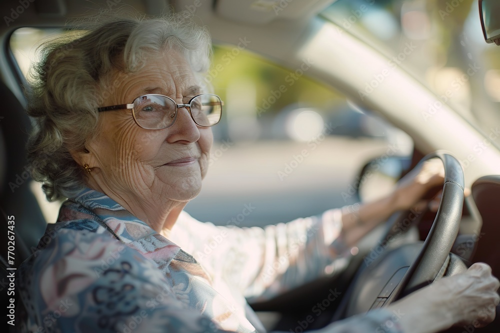 Happy senior woman driving car alone, enjoying car ride. Safe driving ...