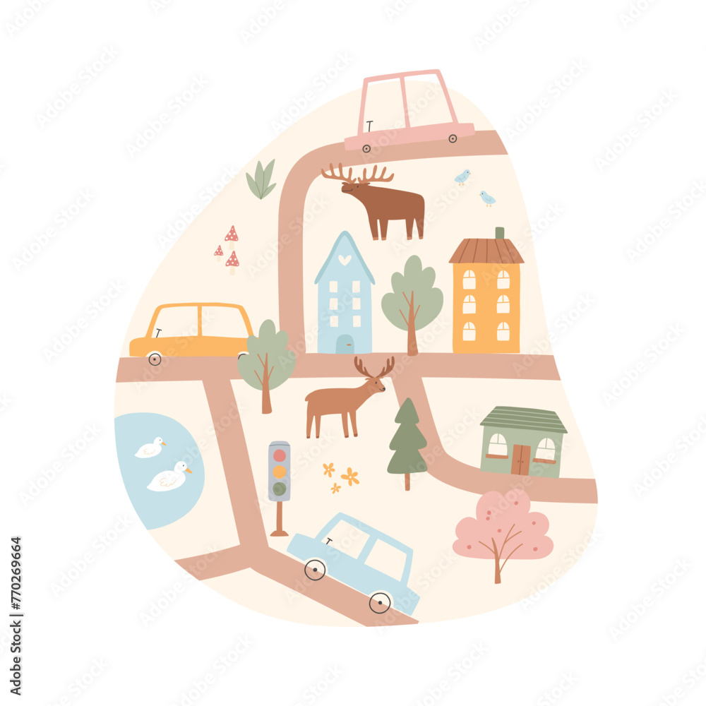 Kids city map. Vector illustration of a city map with cars, mountains ...