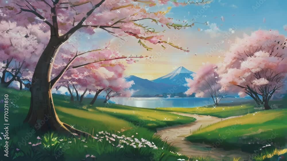 Beautiful fantasy spring nature landscape and cherry blossom tree ...