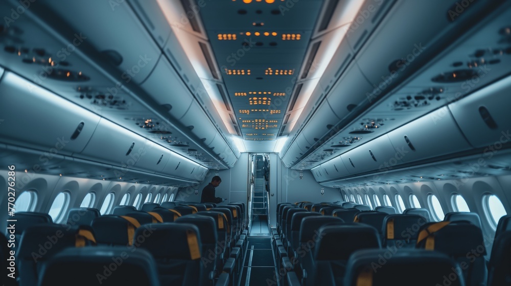 Interior of an airplane showing rows of seats and a dimly lit aisle ...