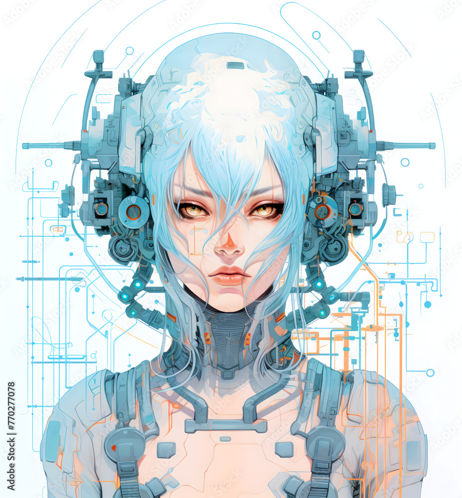 A portrait of a cartoon android girl wearing a robot suit, white hair ...