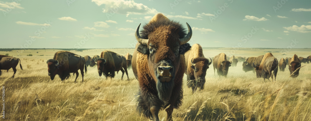 A herd of bison in the wilderness, with one very large and powerful ...