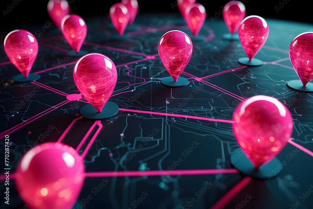 Vibrant digital map with glowing pink location pins on a dark ...