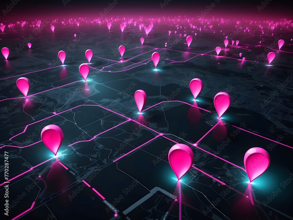 Vibrant digital map with glowing pink location pins on a dark ...