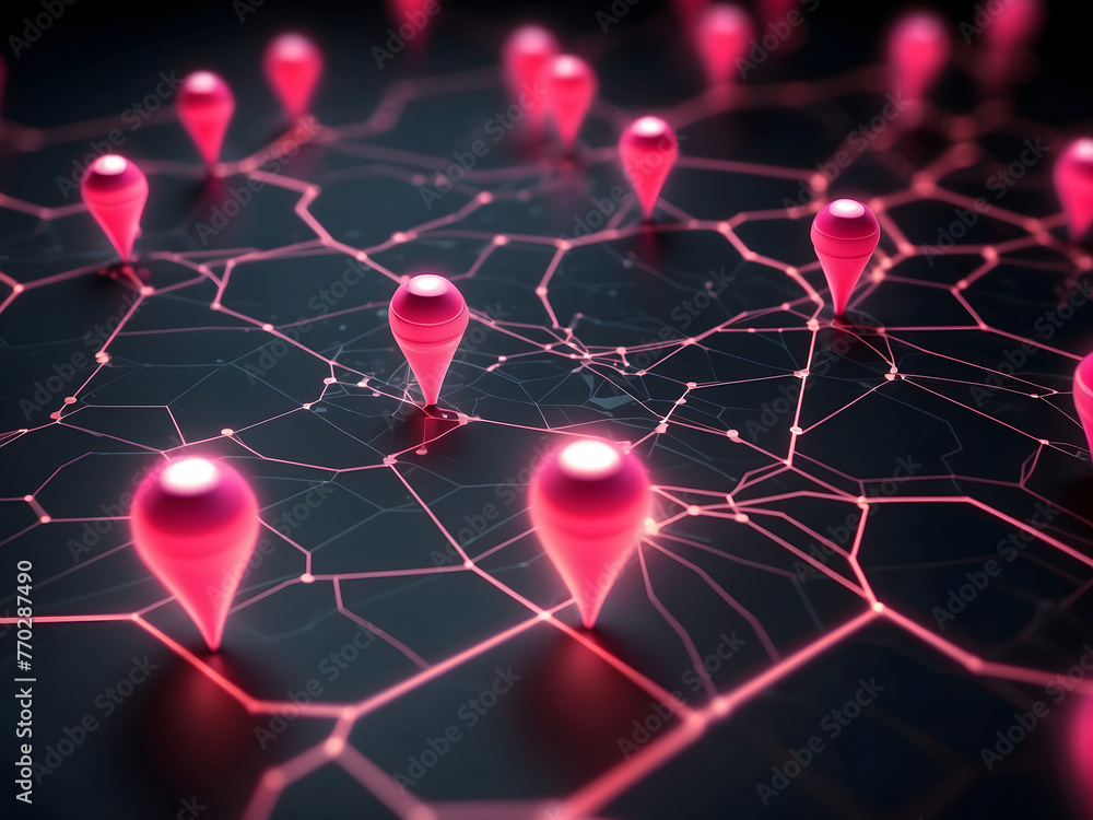 Vibrant digital map with glowing pink location pins on a dark ...