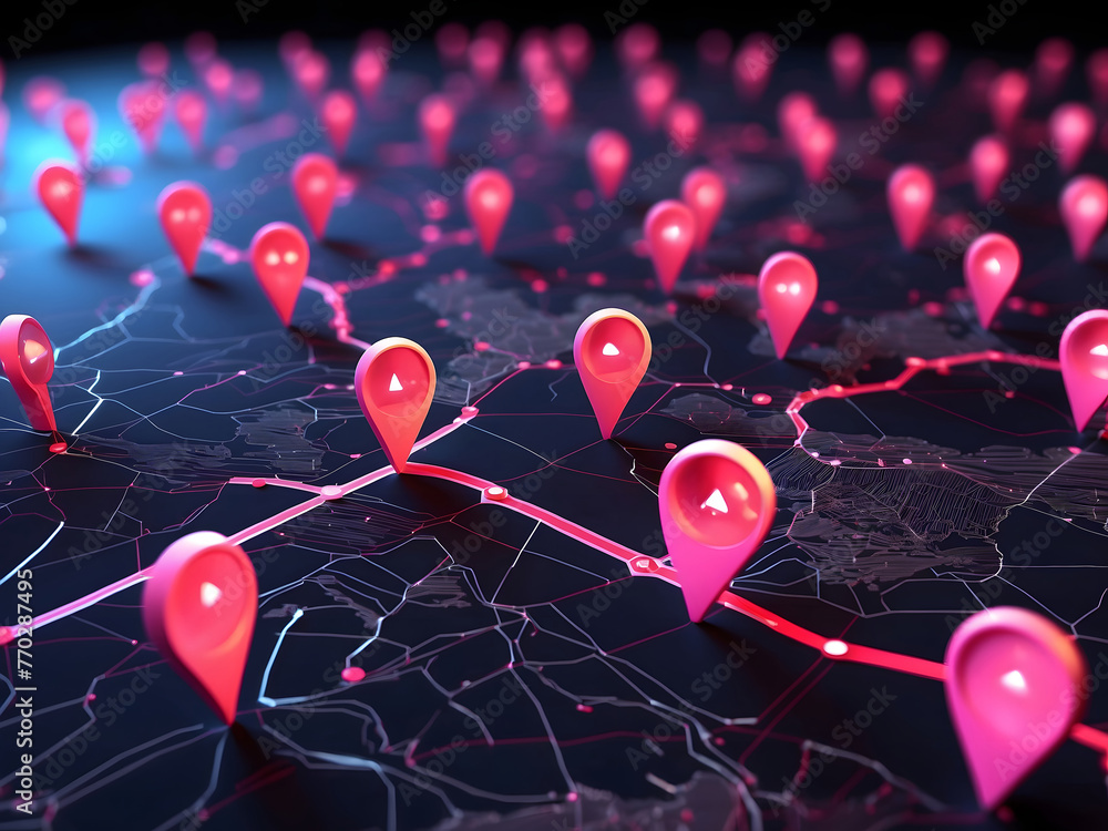 Vibrant digital map with glowing pink location pins on a dark ...