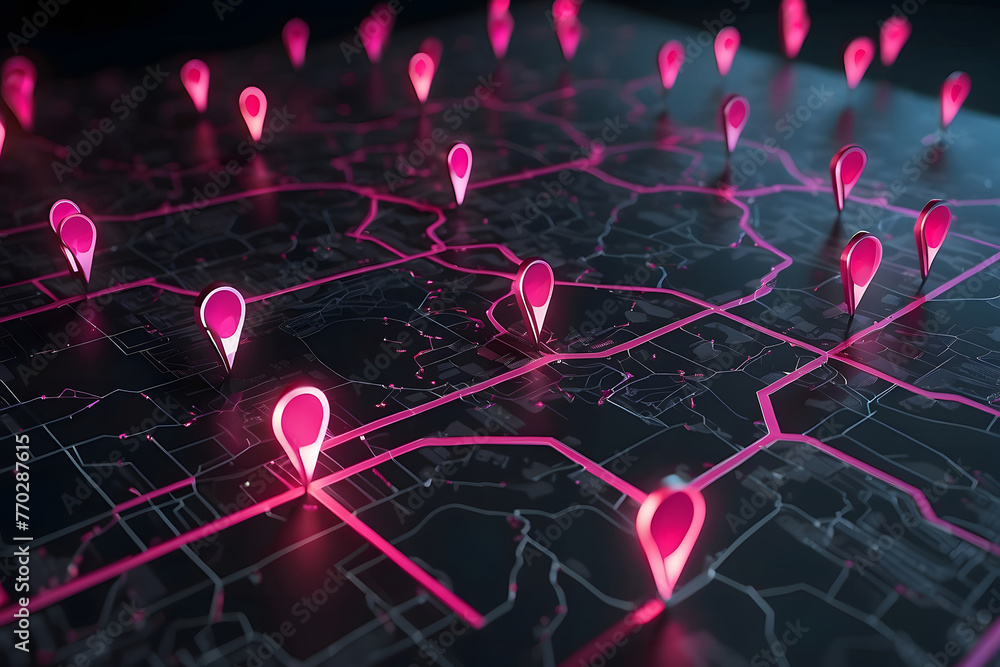 Vibrant digital map with glowing pink location pins on a dark ...