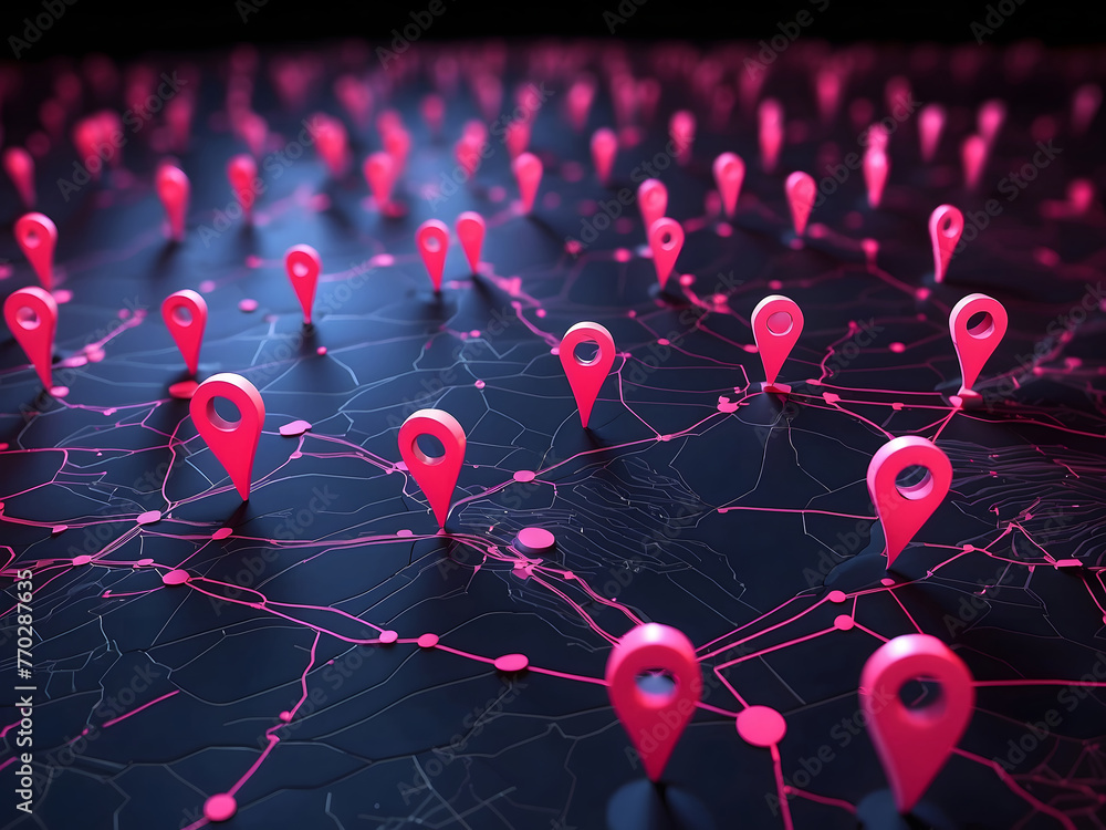Vibrant digital map with glowing pink location pins on a dark ...