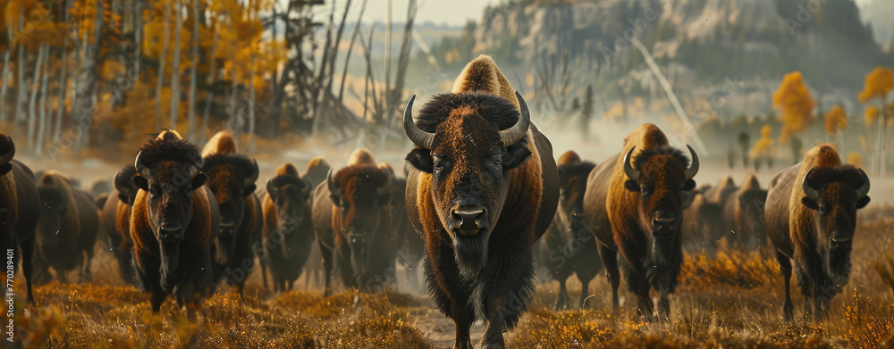 A herd of bison in the wilderness, with one very large and powerful ...