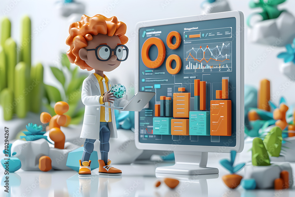 A 3D animated cartoon render of a technology expert giving a ...