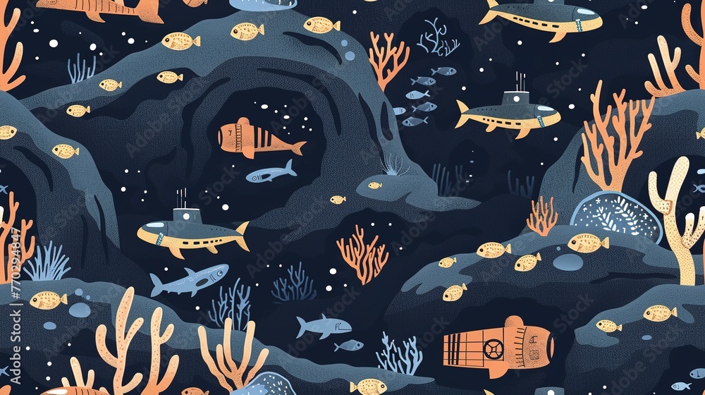 Oceanic expedition seamless pattern with submarines exploring ...