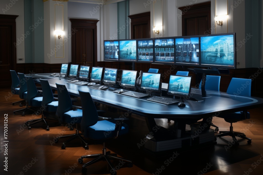 a high tech surveillance hub with advanced monitoring tools and state ...