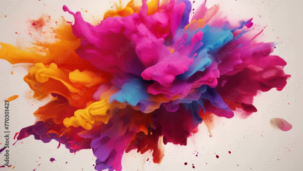 A colorful explosion of paint is splattered across a white background ...