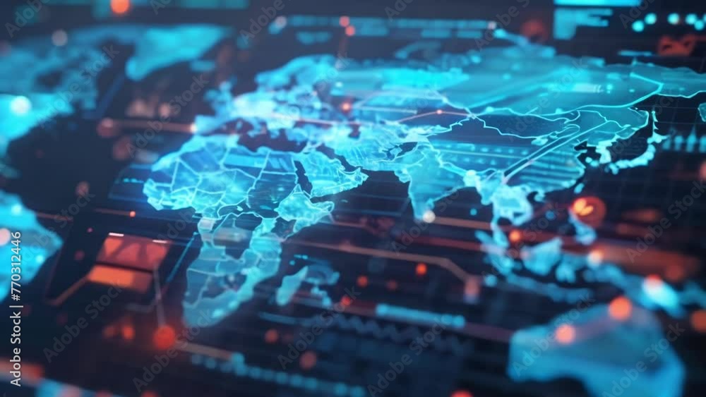 An interactive map of the world is highlighted in blue, showcasing ...