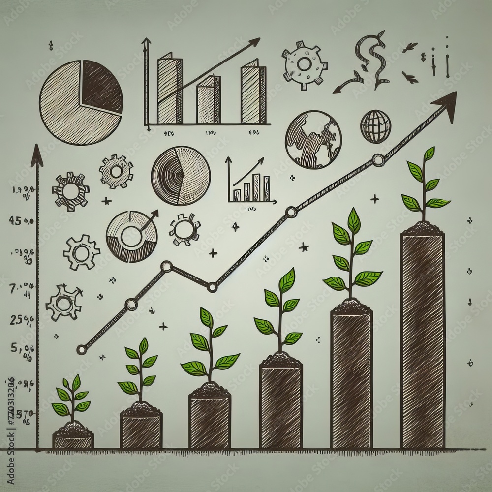 Growth Chart, Hand-drawn upward trend graph with plants growing from ...