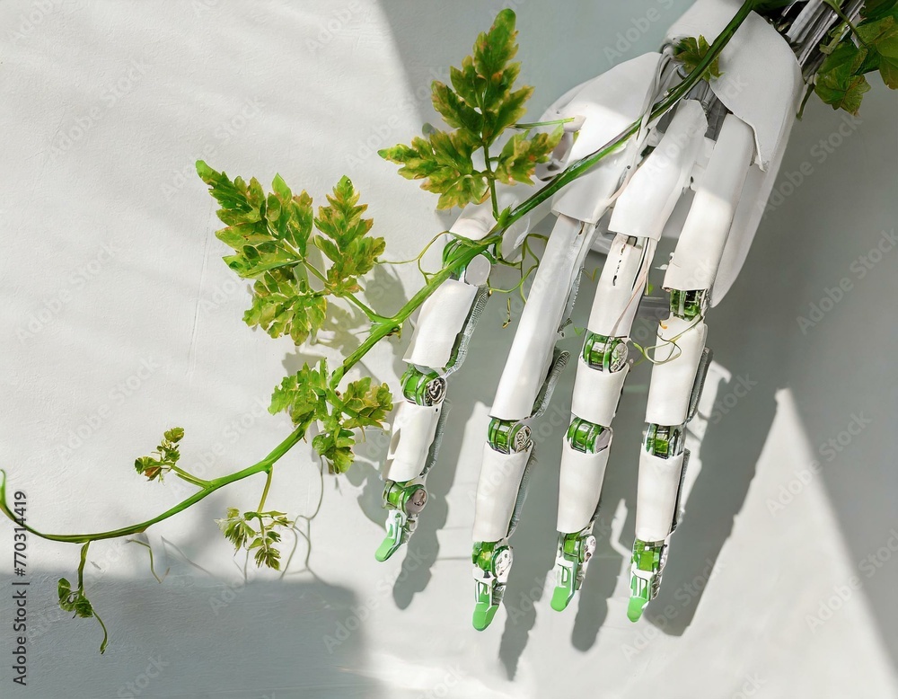 A vividly green, leafy vine wrapping around the cold, steel fingers of ...