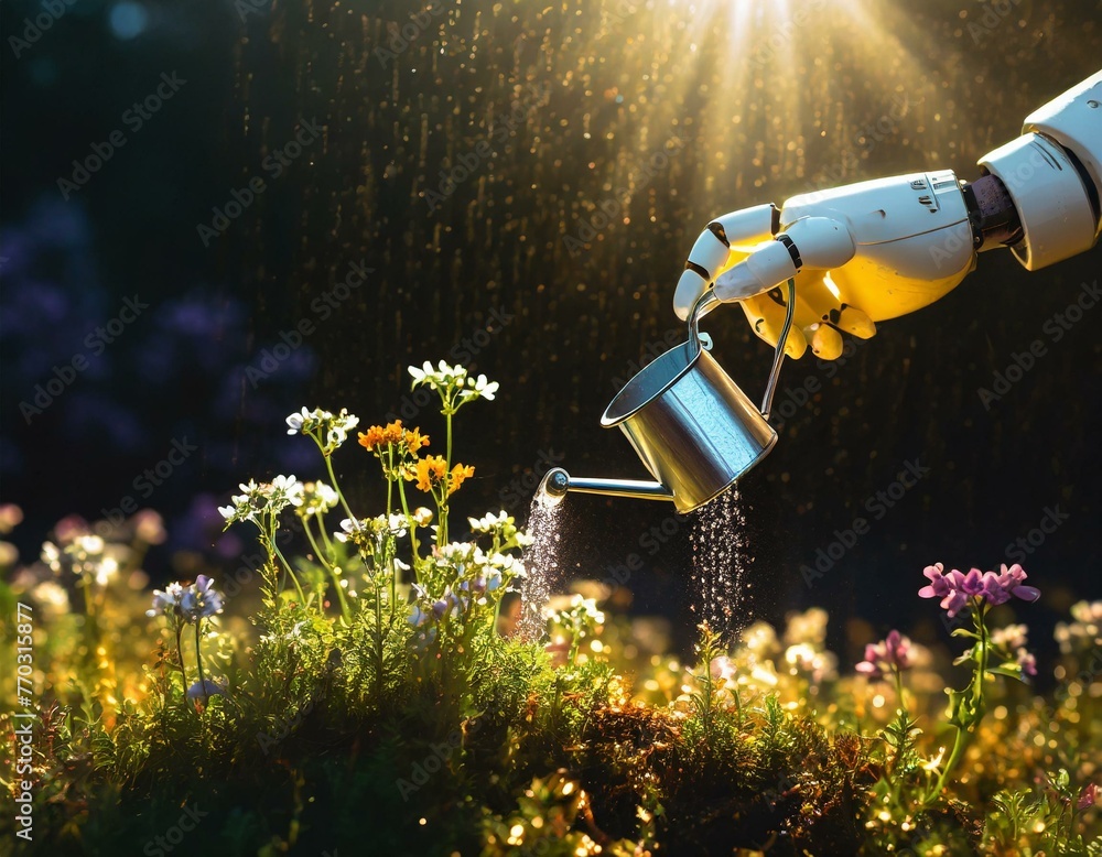 A robot hand using a tiny watering can to nurture a small patch of ...
