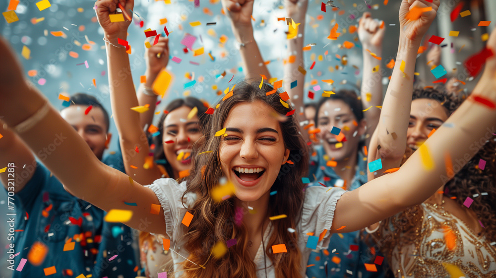 Joyful business people and colleagues cheering and celebrating a ...