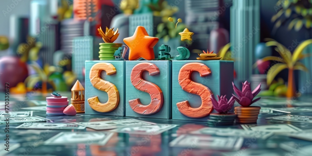 Playful 3D render of anthropomorphic, toy block-like dollar signs ...
