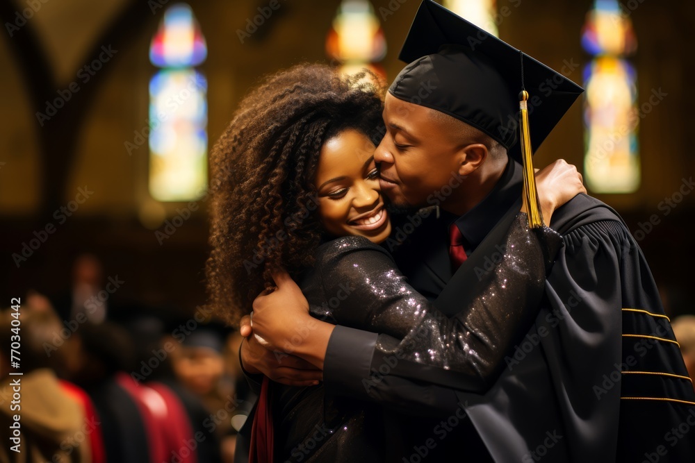 Shot heartfelt embrace between a female graduate and their male mentor ...