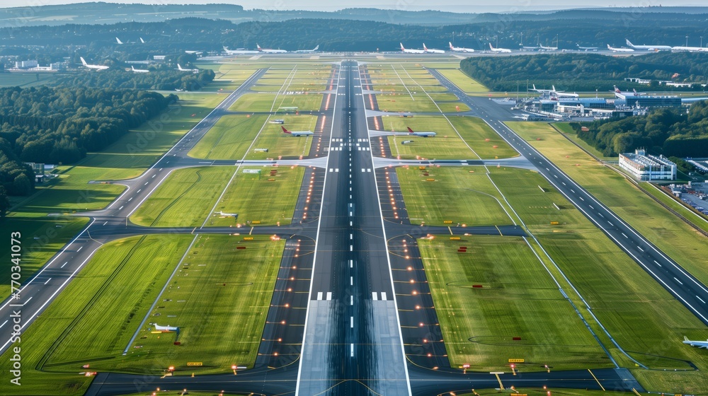 Aerial View of Busy Airport Runways. Top-down view of a bustling ...
