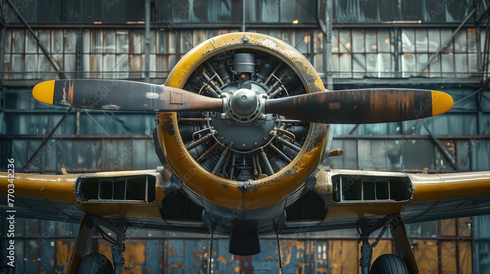 Vintage Yellow Propeller Airplane Front View. Close-up of a classic ...