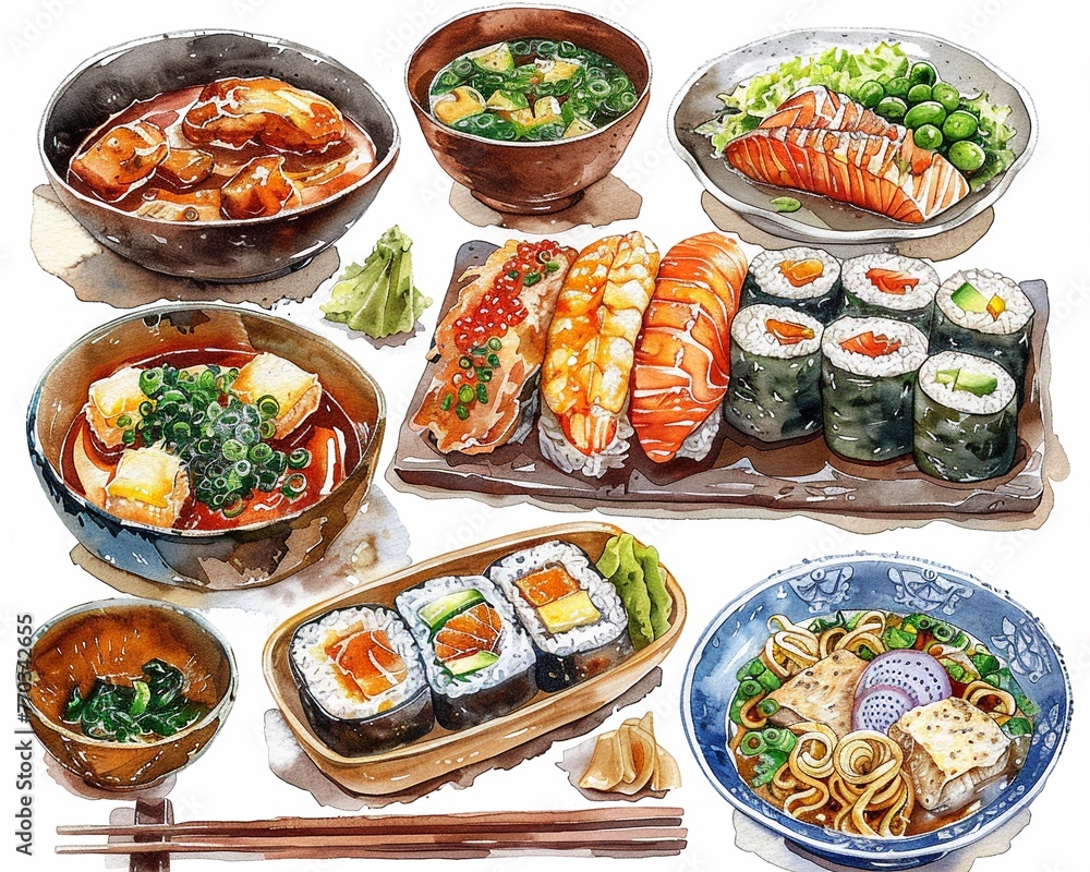 Japanese food illustrations in watercolor, handcrafted sushi, tempura ...