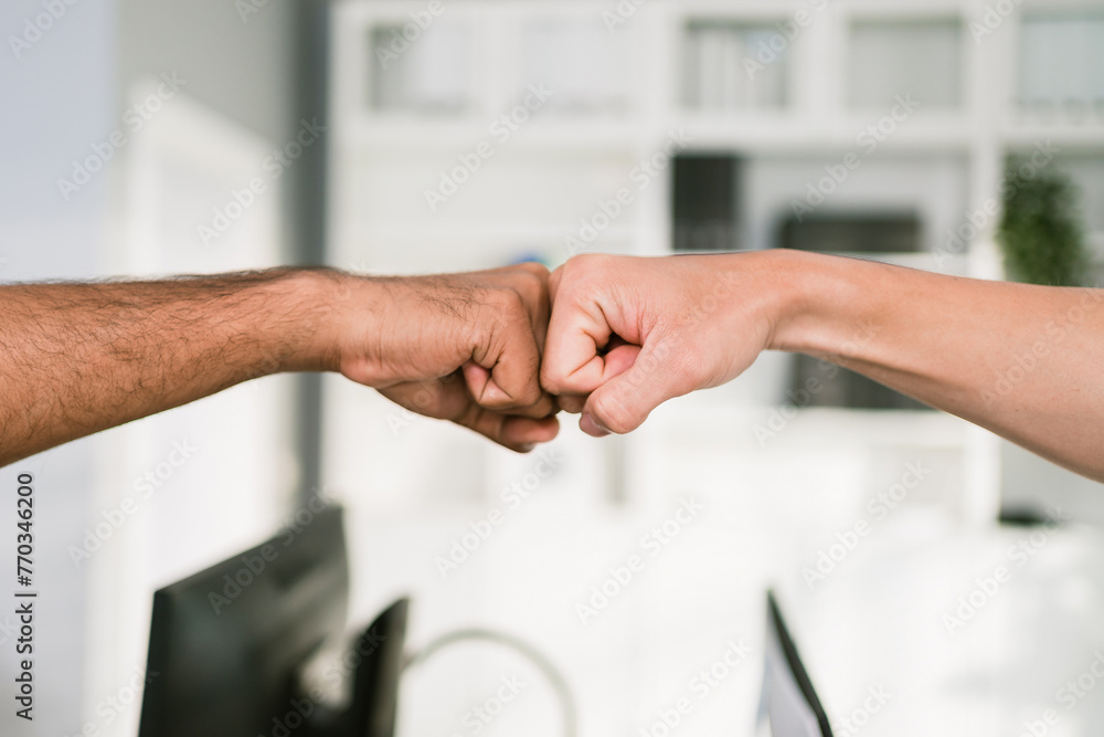 Cheerful Asian businessman partners making fist bump with a smile as a ...