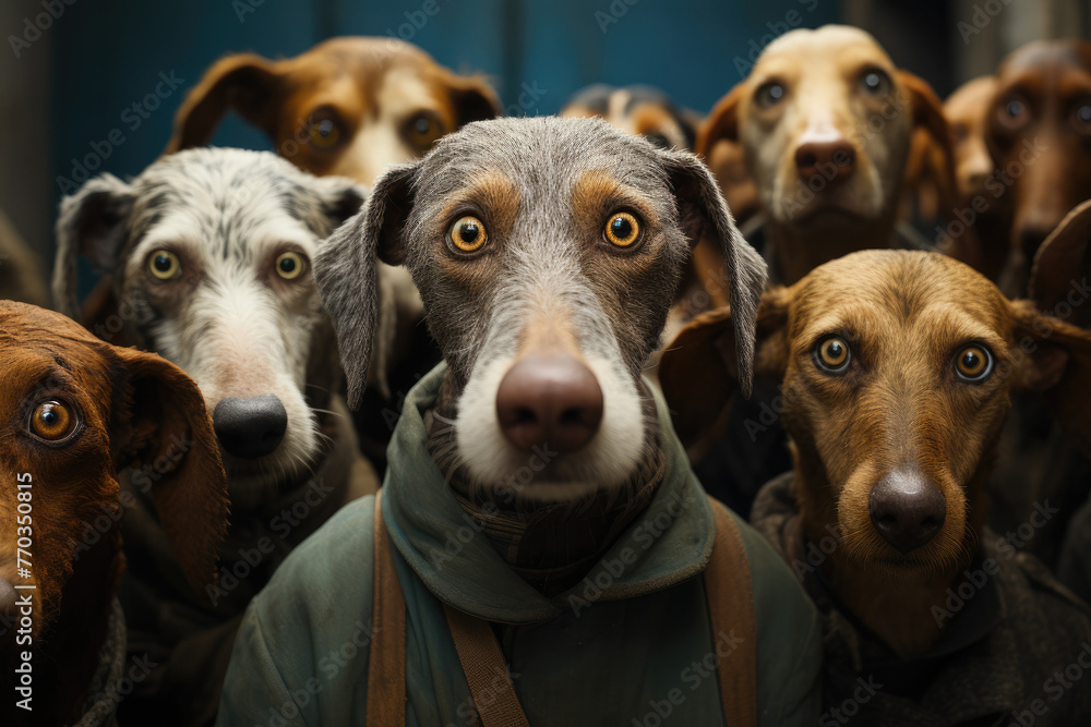 A diverse group of dogs of various breeds standing together in a ...