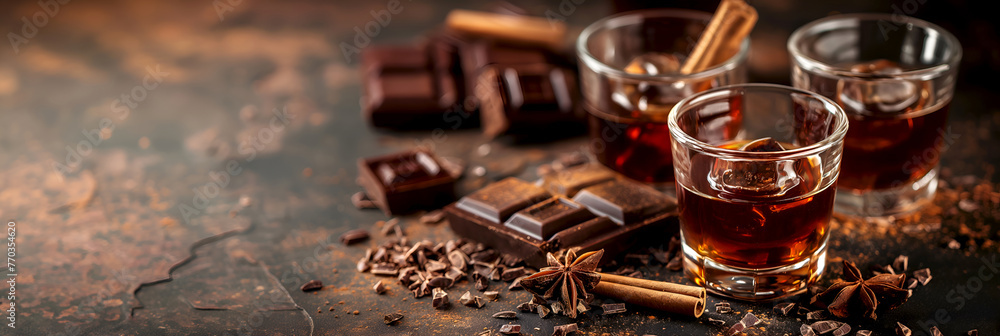 Chocolate tequila or chocolate liqueur banner, copy space. Whiskey with ...