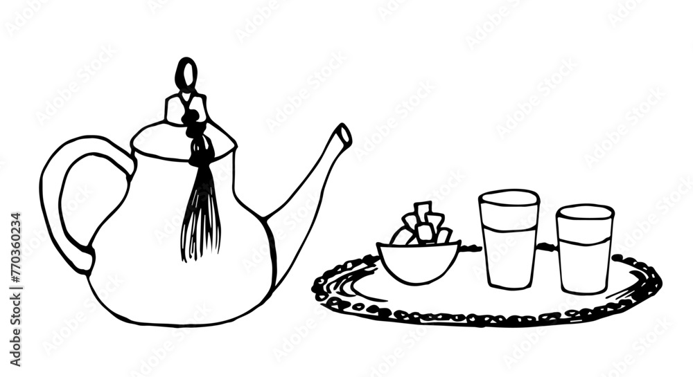Traditional Moroccan sweet tea. Kettle, glasses on a tray, pieces of ...