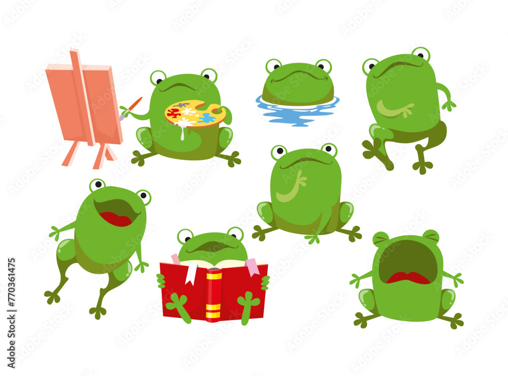 Cartoon frogs in swimming, reading, panting in summer. Cute characters ...