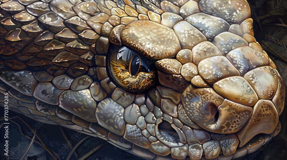 Detail the intricate detailing of the snake's face and features ...