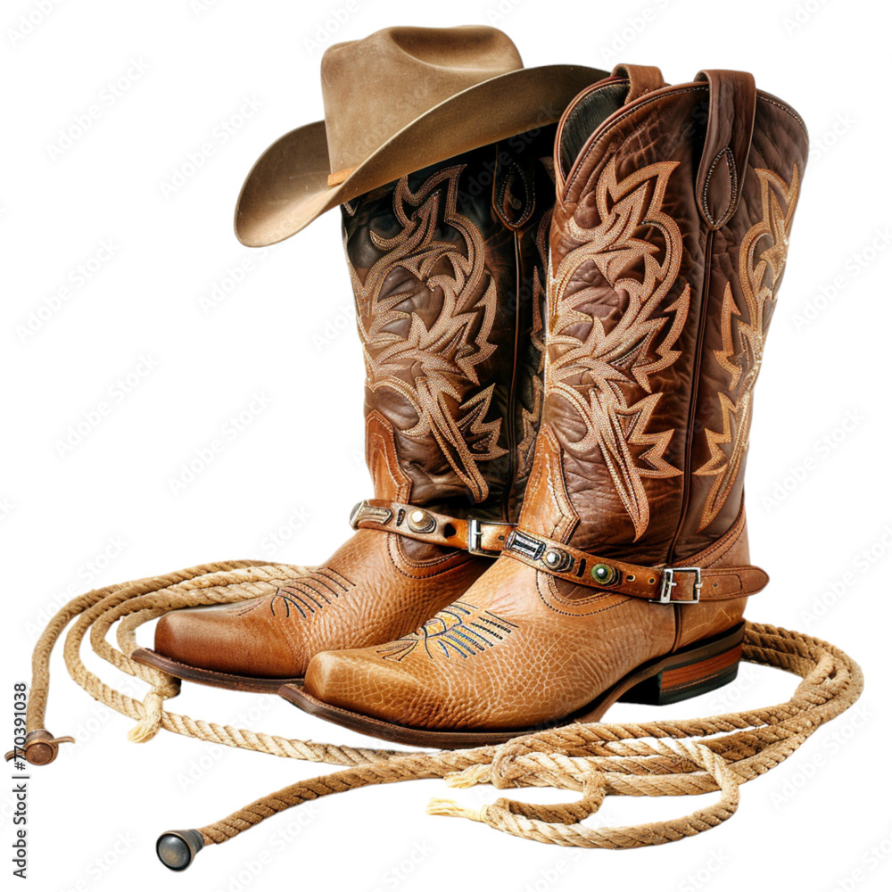 Western boots and a lap or lariat rope and spurs and a cowboy hat on a ...